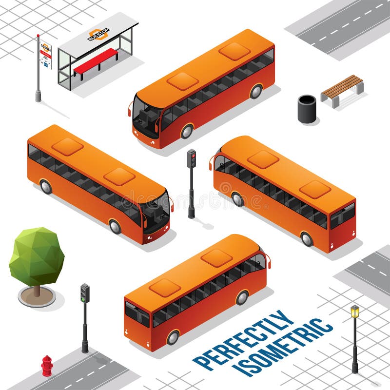 Orange Isometric Bus from the Front Back Right and Left Stock Vector ...