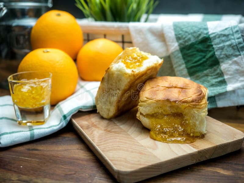 Orange Jam in Toast Bread and Orange Fruit on Over Wooden Table, Orange ...