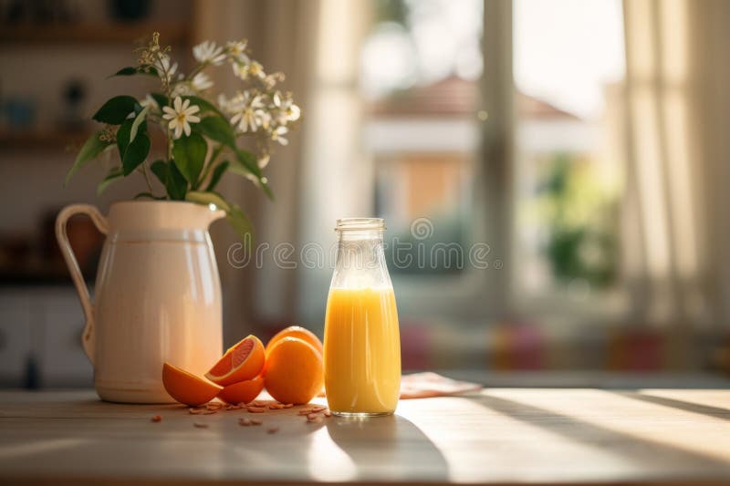 Orange Juice Bottle Stands on a Table Stock Illustration - Illustration ...