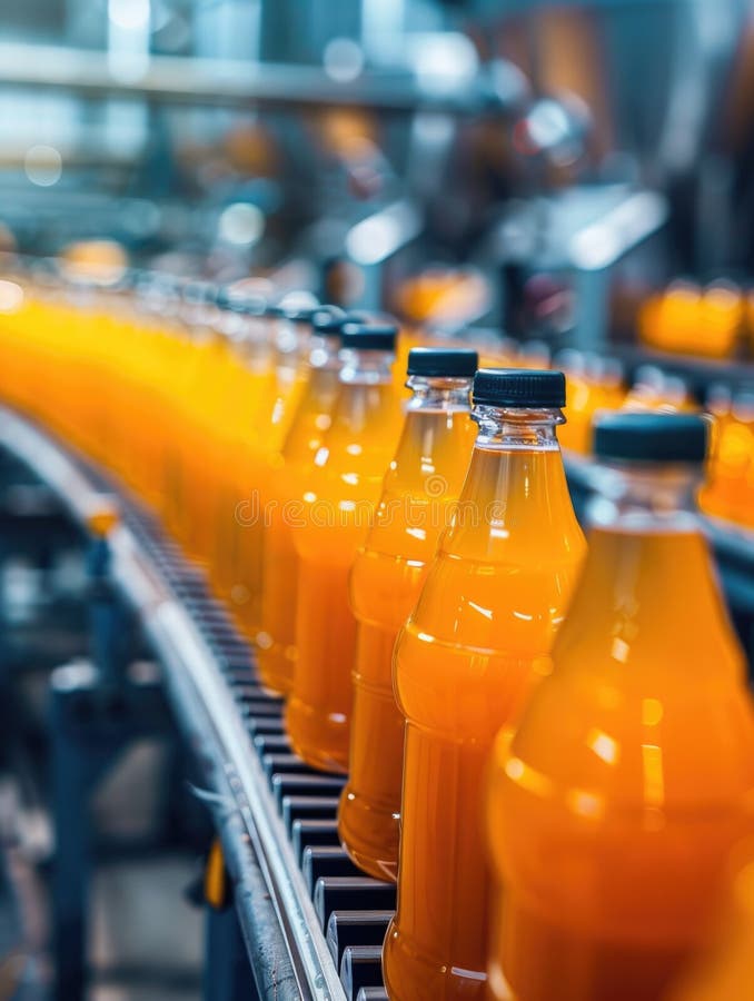 Orange Juice Bottles on Conveyor Belt Stock Photo - Image of orange ...