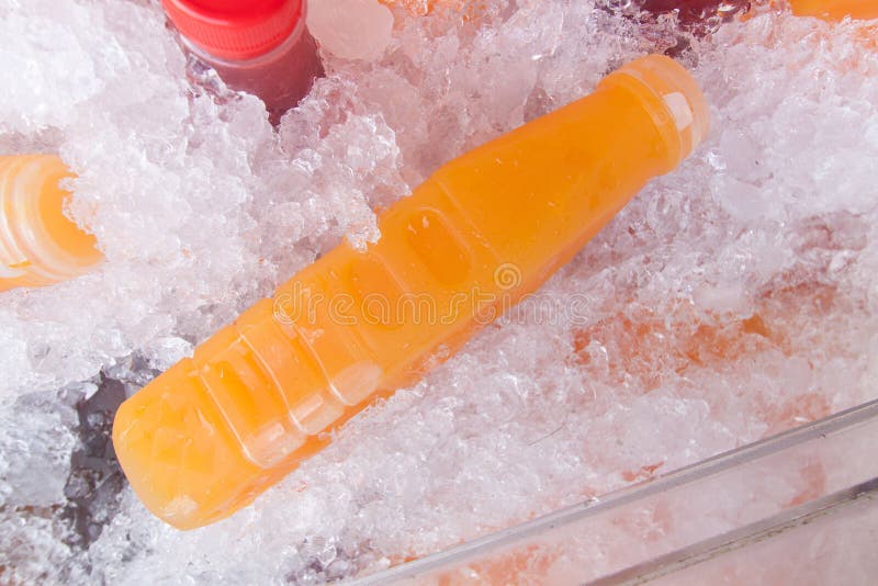 Orange Juice Bottles on the Ice Box. Stock Image - Image of grey ...