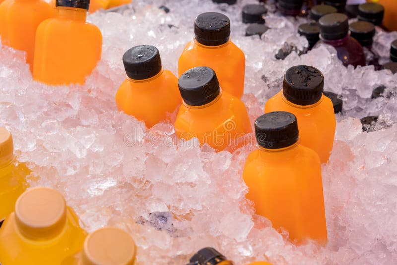Orange Juice Bottles on Ice Box for Healthy Drink Stock Image - Image ...
