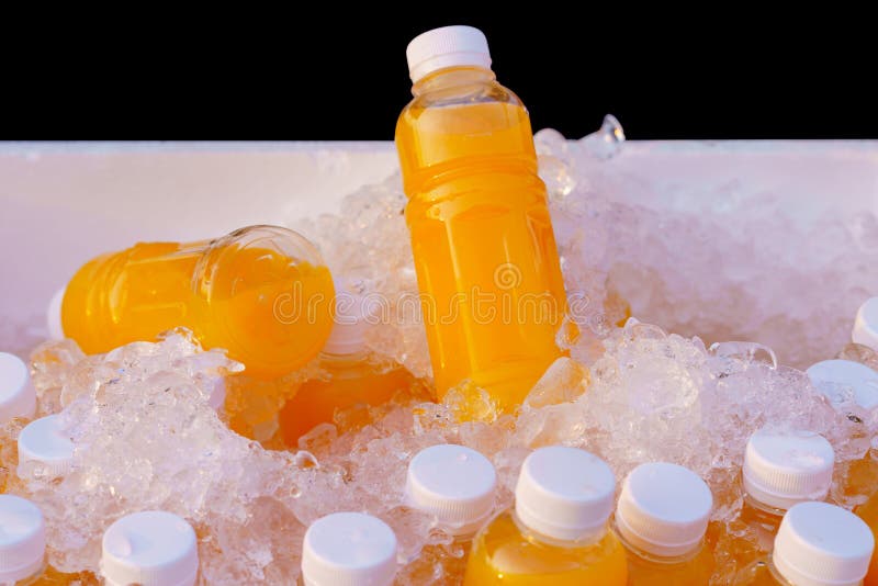 Orange Juice Bottles on Ice Box for Healthy Drink Stock Image - Image ...