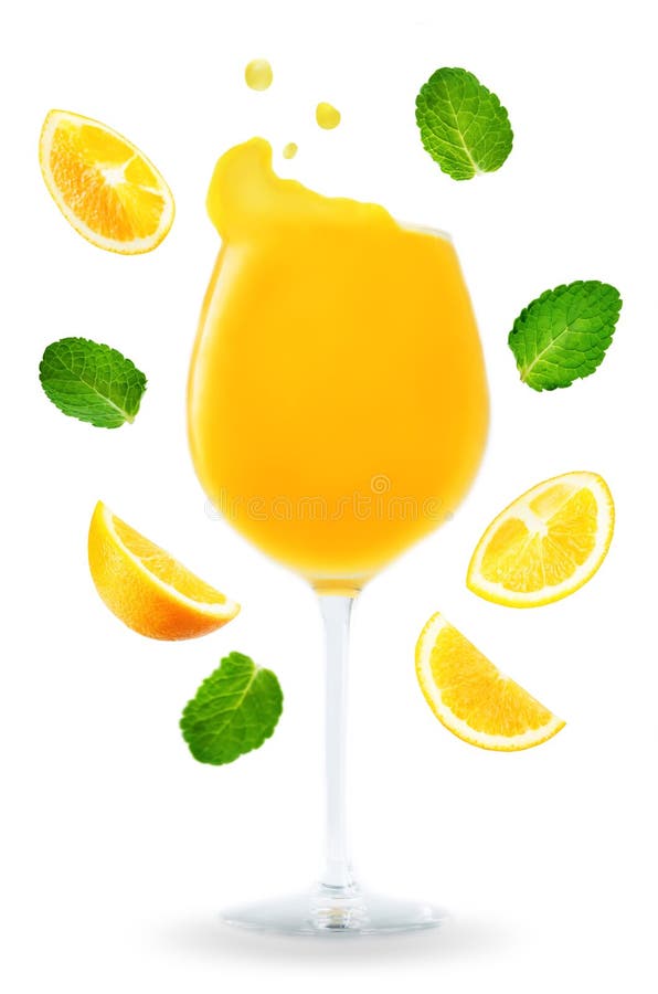 Orange Juice with Flying Orange Slices and Mint Leaves Stock Image ...