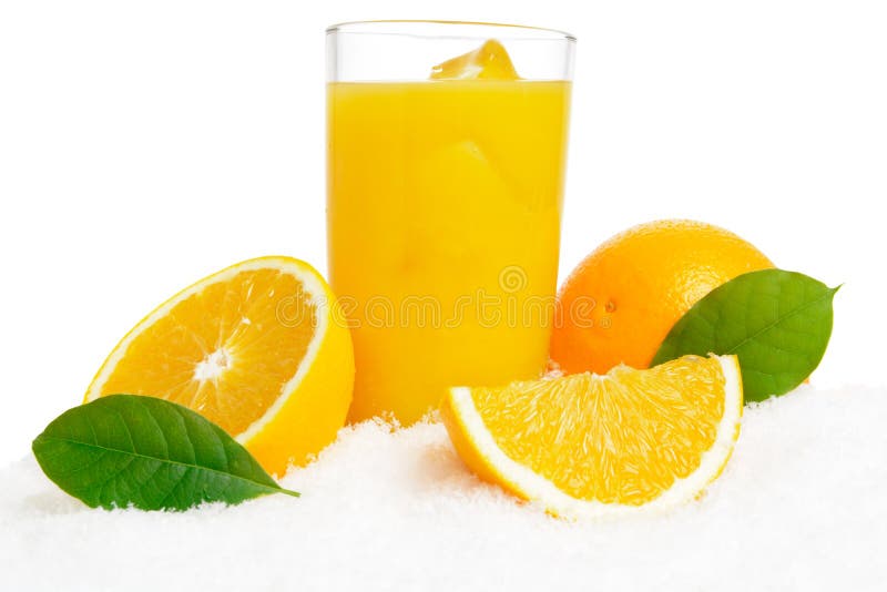 Orange Juice,fruit,ice Cubes and Leaves on Ice on White Stock Photo ...