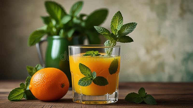 Orange Juice with Mint on Wooden Table Stock Illustration - Illustration of sweet, natural ...