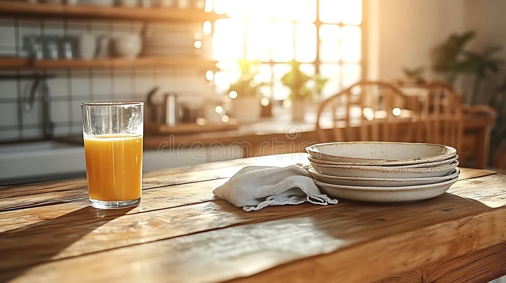Orange Juice and Plates on Wooden Table in a Bright Kitchen Setting ...