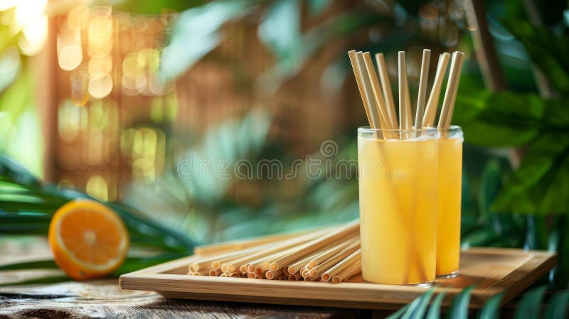 Orange Juice with Reed Straws on Tray Stock Photo - Image of beverage ...