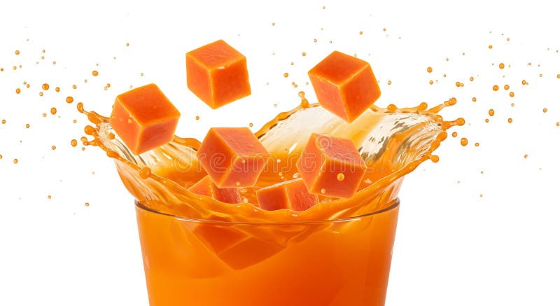 Orange Juice Splash with Cube-shaped Fruit Pieces Falling Down Stock ...