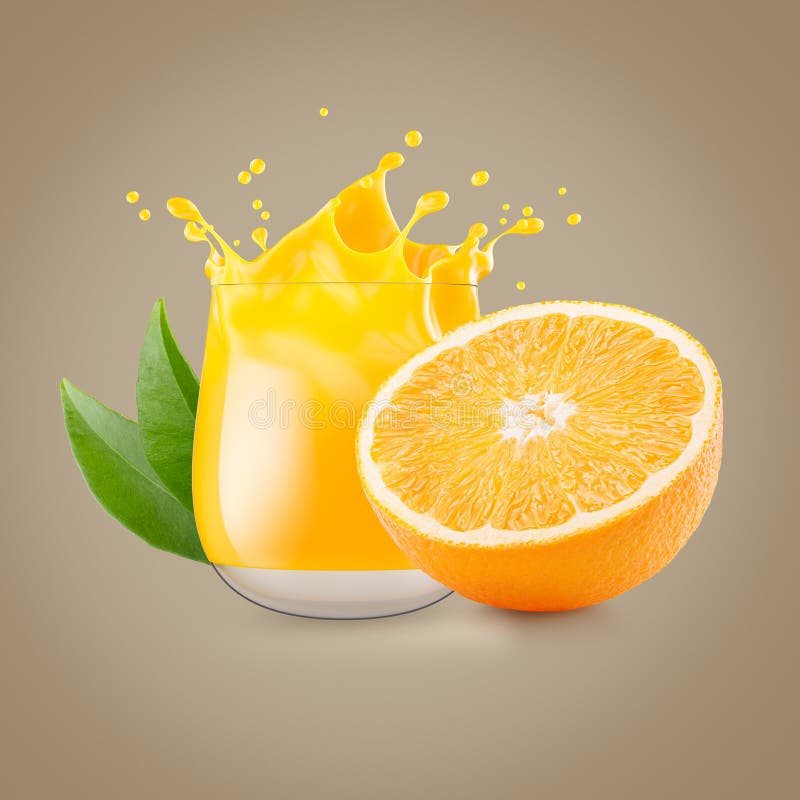 Orange Juice Splash in Glass with Half of Orange on a Light Brown ...