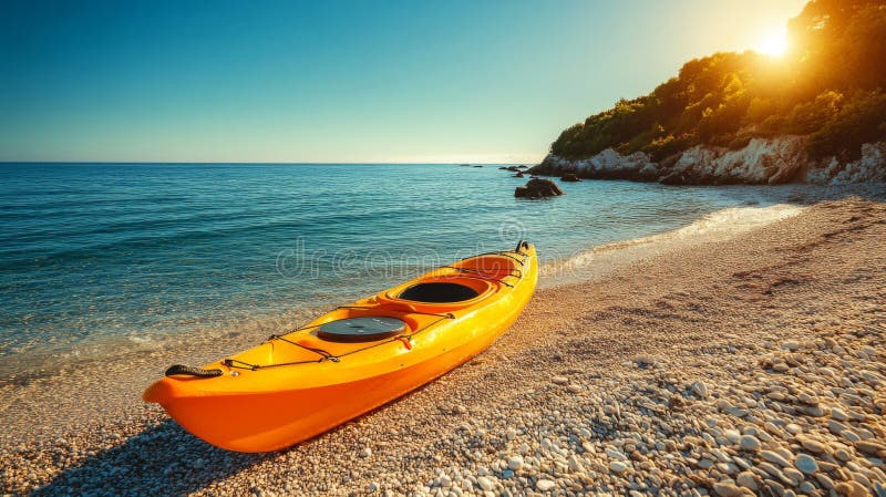 Orange Kayak on Pebble Beach at Sunset Stock Illustration ...