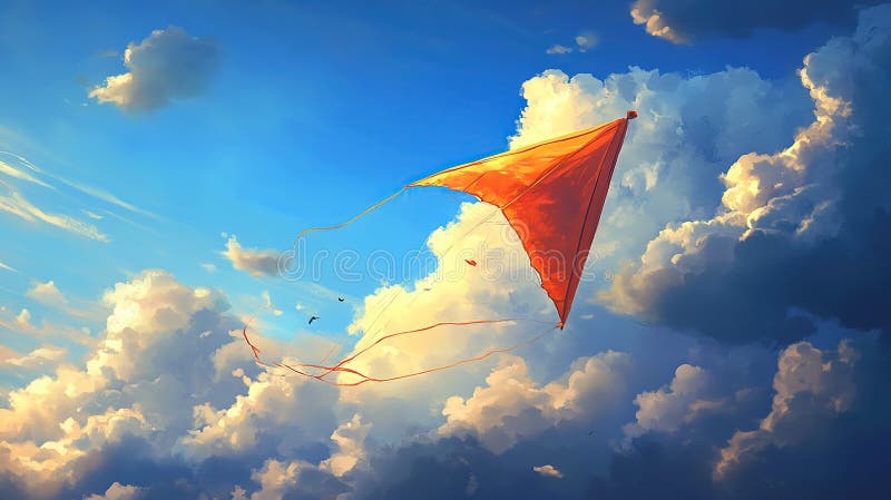 Orange Kite Soaring Amidst Fluffy Clouds, Sunny Sky Stock Photo - Image ...