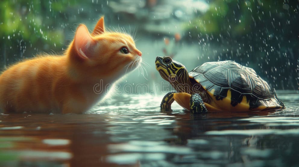 Orange Kitten and Turtle in Rainwater Stock Illustration - Illustration ...