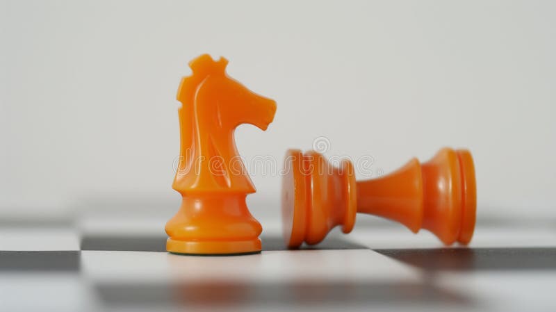 An Orange Knight Chess Piece Stands Upright Next To a Fallen One on a ...