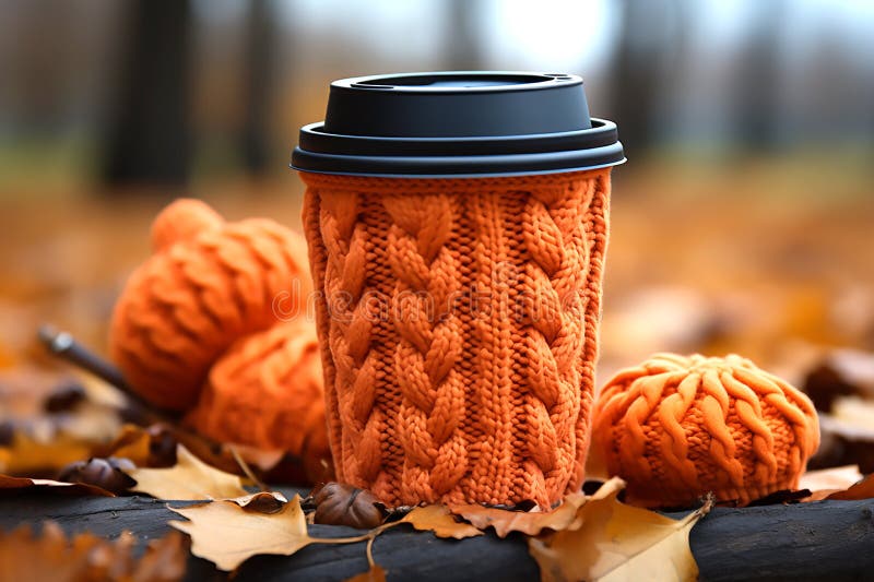 Orange Knitted Cup Cozy of Yellow Leaves Background. Generative AI ...