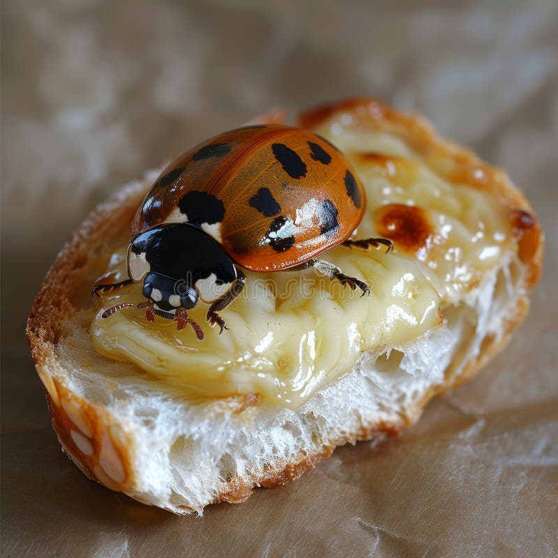 Orange Ladybug on a Slice of Bread with Melted Butter. Stock Photo ...