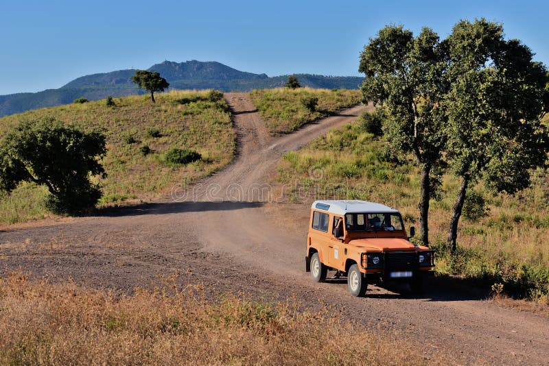 Orange Land Rover Defender in a Path, Trees, and Mountains with Blue ...