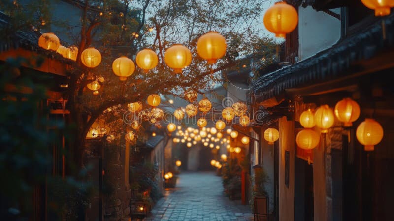 Orange Lanterns Illuminate a Charming Asian Street at Night Stock ...
