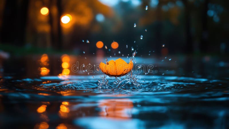 Orange Leaf Splashing in a Dark Puddle at Night Stock Image - Image of ...