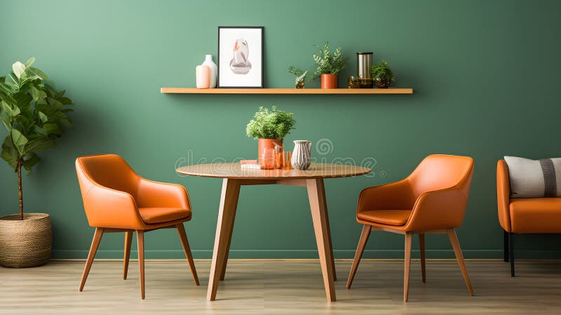Orange Leather Chairs at a Round Dining Table Behind a Green Wall by ...