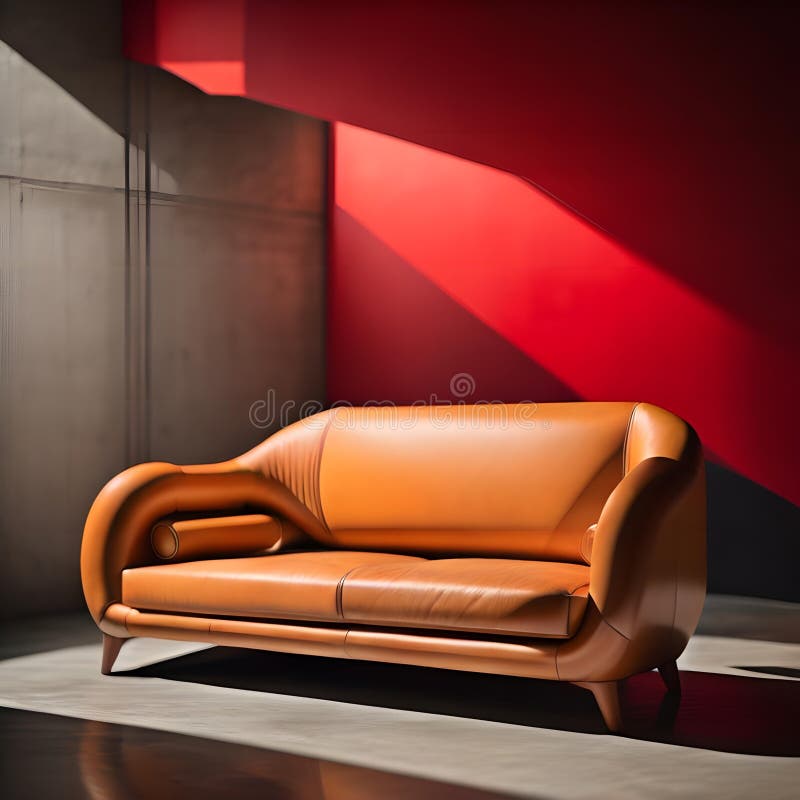 Orange Leather Sofa in Modern Interior with Red Wall. Generative Ai ...