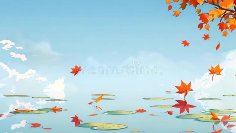 Autumn Leaves Falling on a Calm Lake with Blue Sky and White Clouds ...
