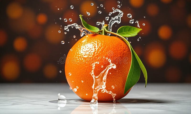 Orange with Leaves and Splashes of Water on a Bokeh Orange Background ...
