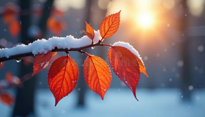 Orange Leaves Under the First Snowfall at Dawn, Branch, Sun, Snow Stock ...