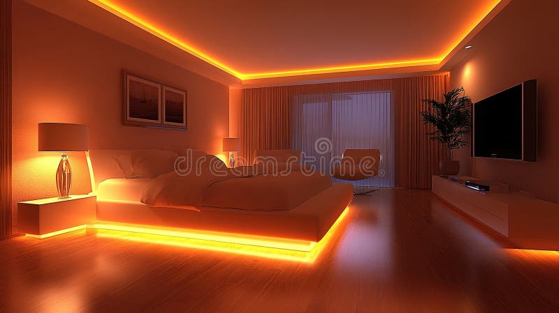 Orange LED Lights Illuminate Modern Bedroom at Night Stock Photo ...
