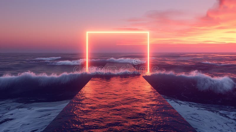 Orange LED Portal Over Sunset Ocean Waves, AI-generated. Stock Image ...