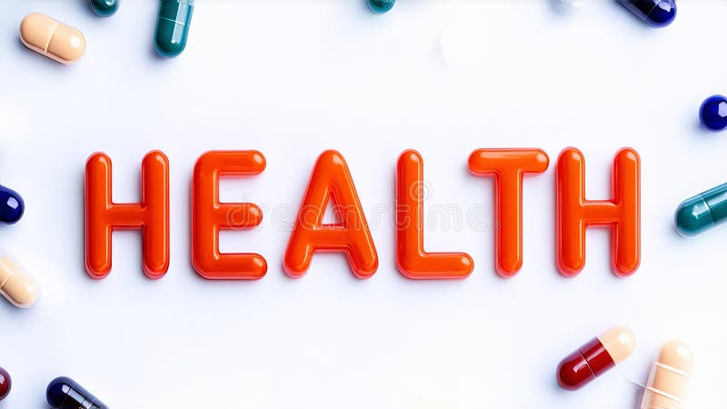 Orange Letters Health Surrounded by Capsules on a White Background ...