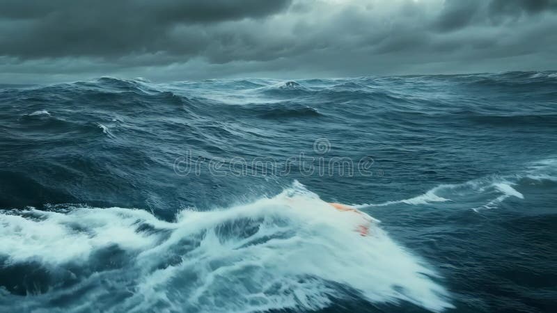 Orange Life Buoy Floating on Rough Ocean Waves Under Stormy Cloudy Sky ...