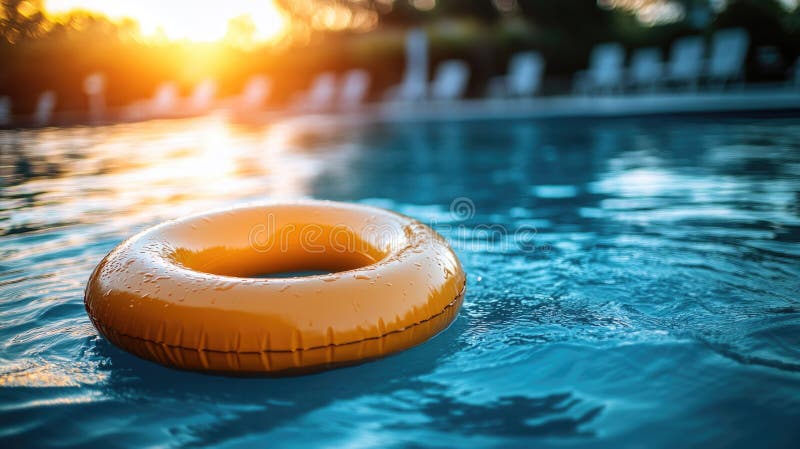 Orange Lifebuoy Floating in a Tranquil Pool at Sunset with Sparkling ...