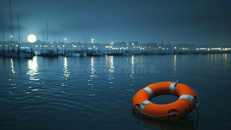 Orange Lifebuoy in the Water at Night, 3d Render Stock Illustration ...