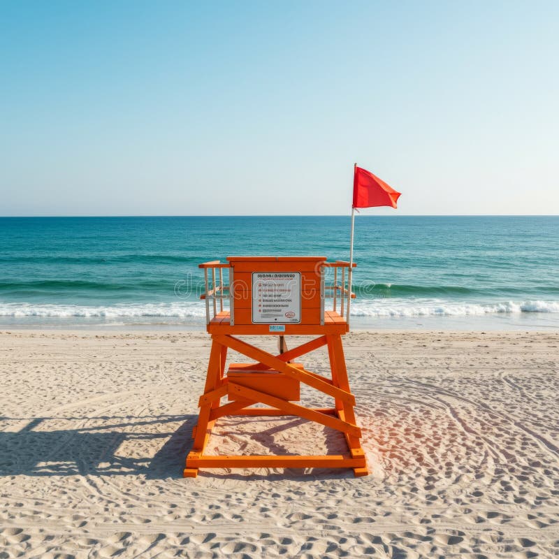 Orange Lifeguard Stand on Sandy Beach with Red Flag Stock Illustration ...