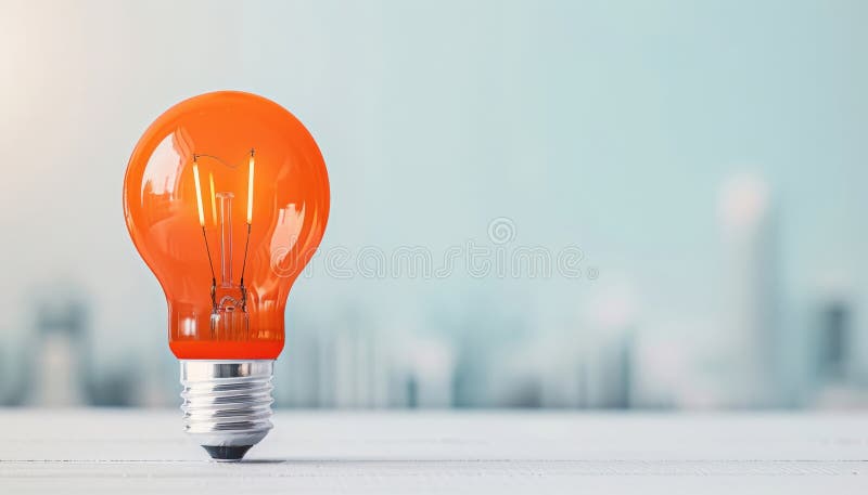 Orange Light Bulb Glowing on a Blurred Cityscape Background ...