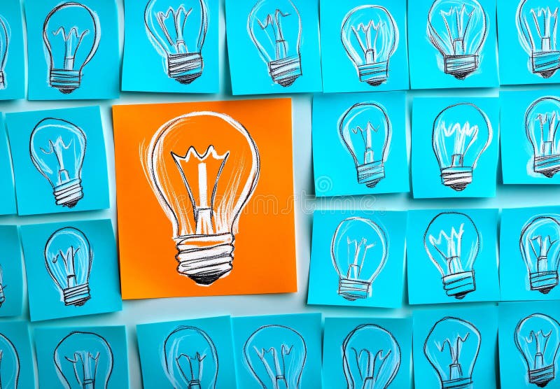 Orange Light Bulb Idea Concept on Sticky Notes Stock Illustration ...