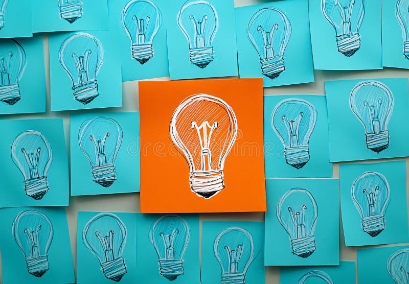 Orange Light Bulb Idea Concept on Sticky Notes Stock Illustration ...
