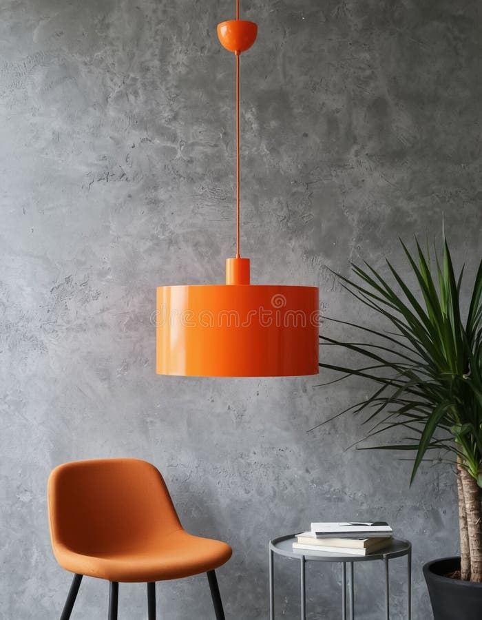 Orange Light Fixture Above Seating Area Against Grey Wall. Stock ...