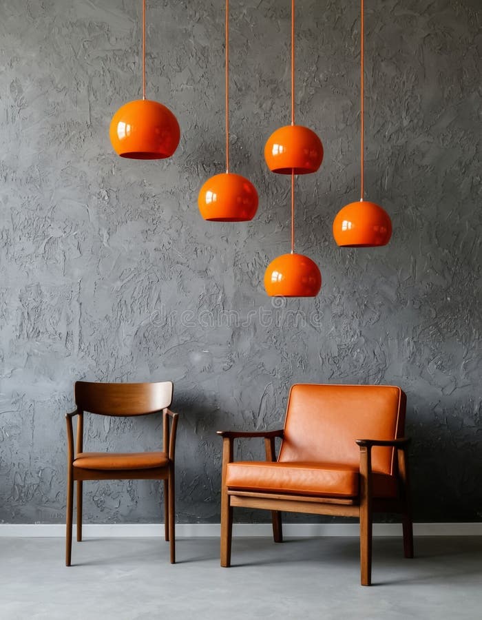 Orange Light Fixture Above Seating Area Against Grey Wall. Stock Illustration - Illustration of ...