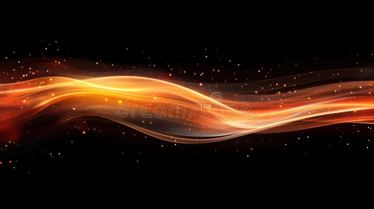 Orange Light Wave Flows on Dark. Shiny Gold Glitter Particles Float in ...