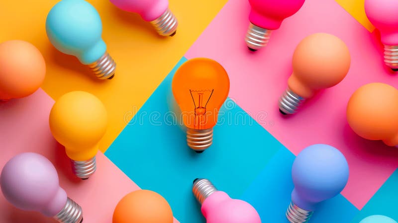 An Orange Lightbulb Glows Uniquely Amidst a Colorful Array of Pastel ...