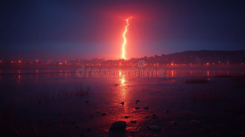Orange Lightning Strikes in the Night Stock Illustration - Illustration ...