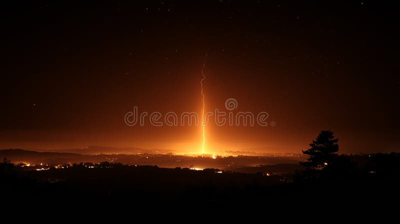 Orange Lightning Strikes in the Night Stock Illustration - Illustration ...