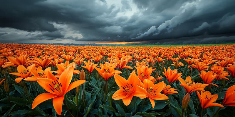 Orange Lily Field Under a Dramatic Sky Stock Illustration - Illustration of intense, dark: 386332401