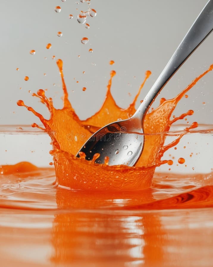 An Orange Liquid Splashes into Water with a Spoon Protruding from Its ...