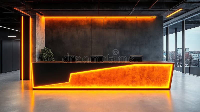 Orange-lit Modern Office Reception Desk, City View Stock Illustration ...
