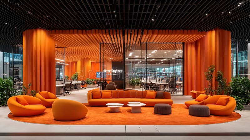 Orange Lobby Seating, Office Area, Blurred Workspaces, Interior Design ...
