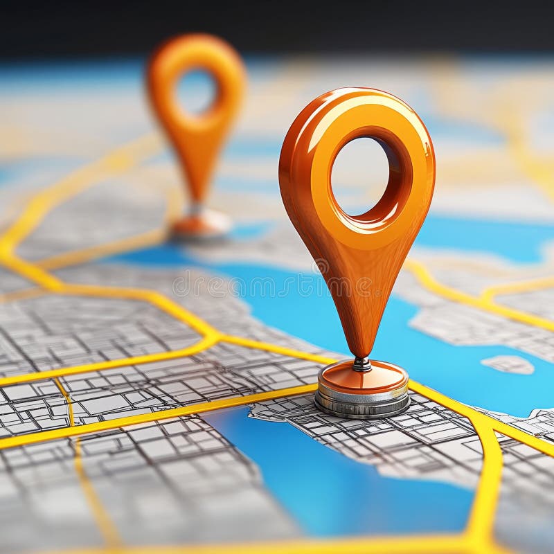 Orange Location Pins on City Map, High Angle View, Navigation, Travel ...