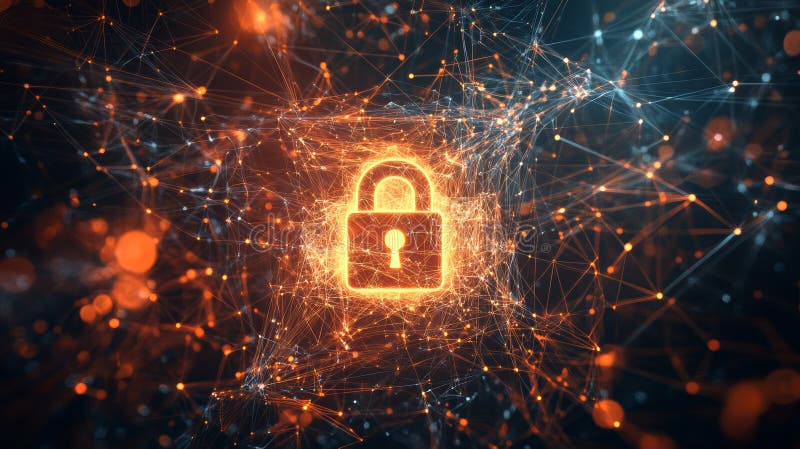 Orange Lock Icon Amid Interconnected Network Lines Symbolizing Digital ...